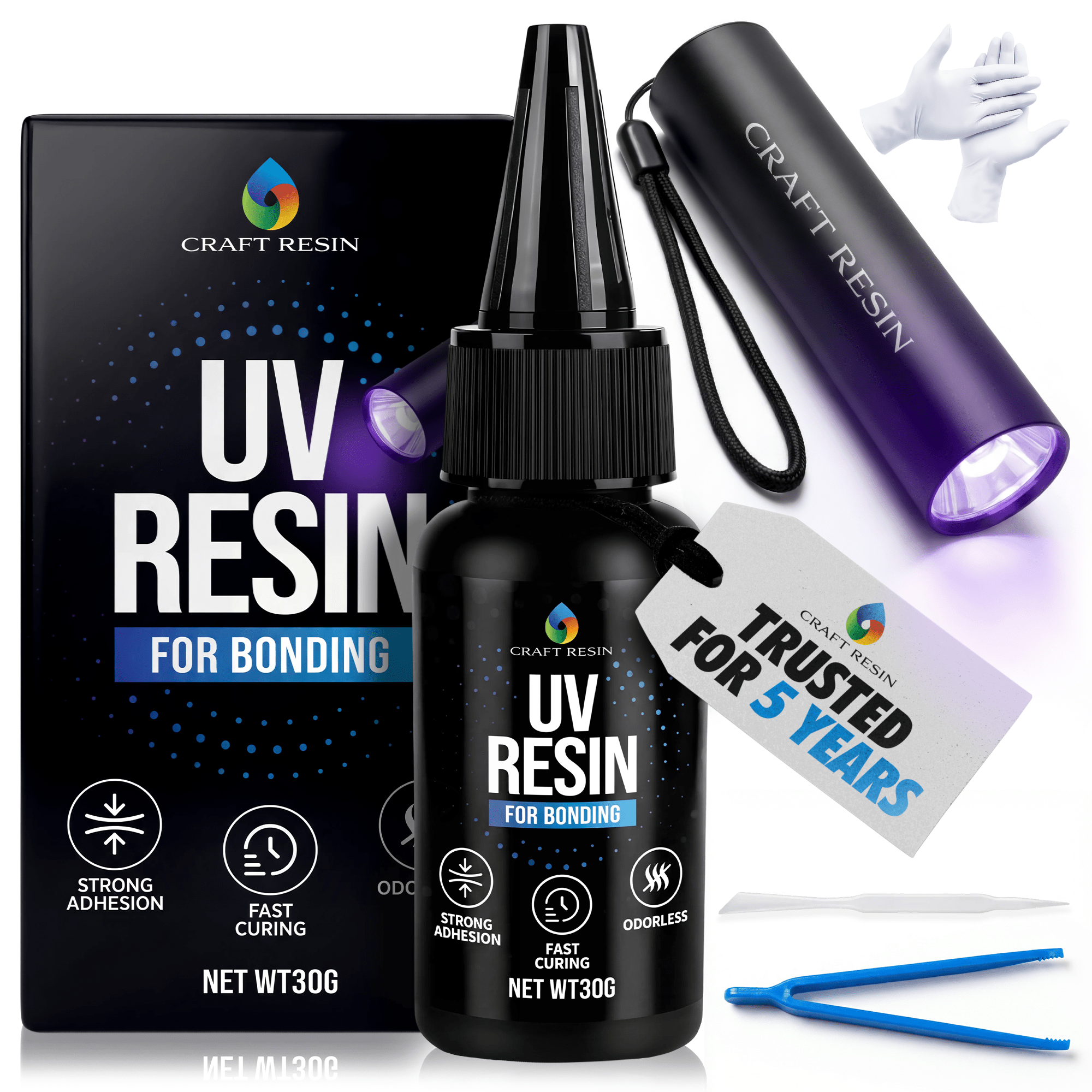 CRAFT RESIN UV Bonding Kit with Light - 30g. Hard Type. Low Viscosity ...